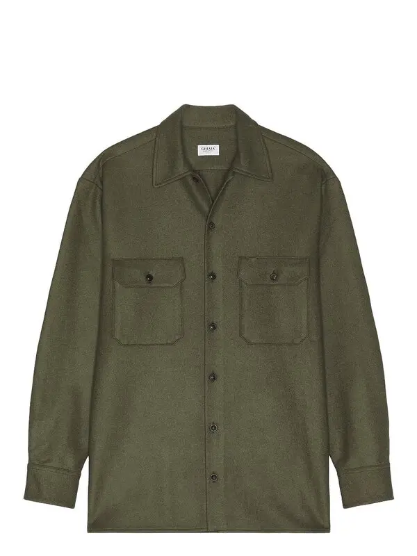 GHIAIA Virgin Wool Working Shirt In Green - Military Green