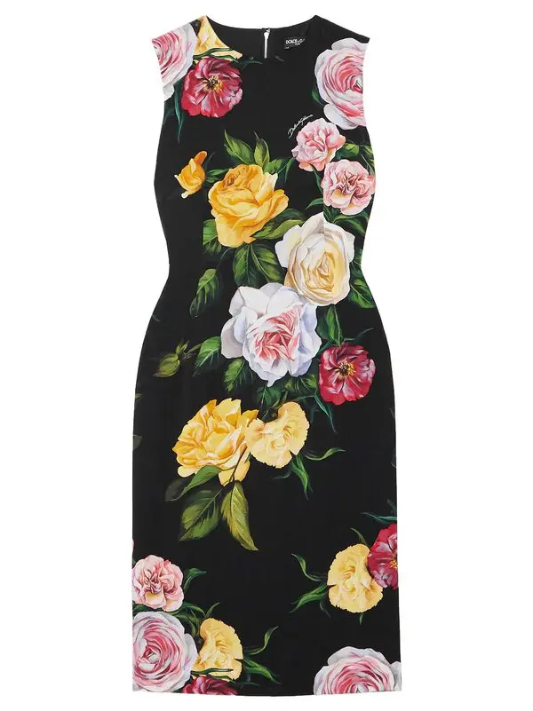 Dolce & Gabbana Floral-print Stretch-silk Charmeuse Knee-length Dress - Black
