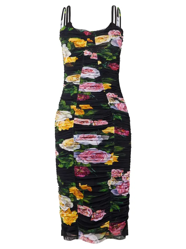Dolce & Gabbana Paneled Ruched Floral-print Tulle Dress - Black