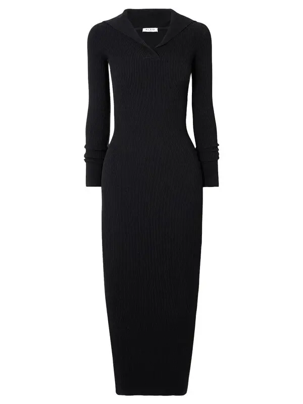 Alaïa Hooded Ribbed-knit Midi Dress - Black