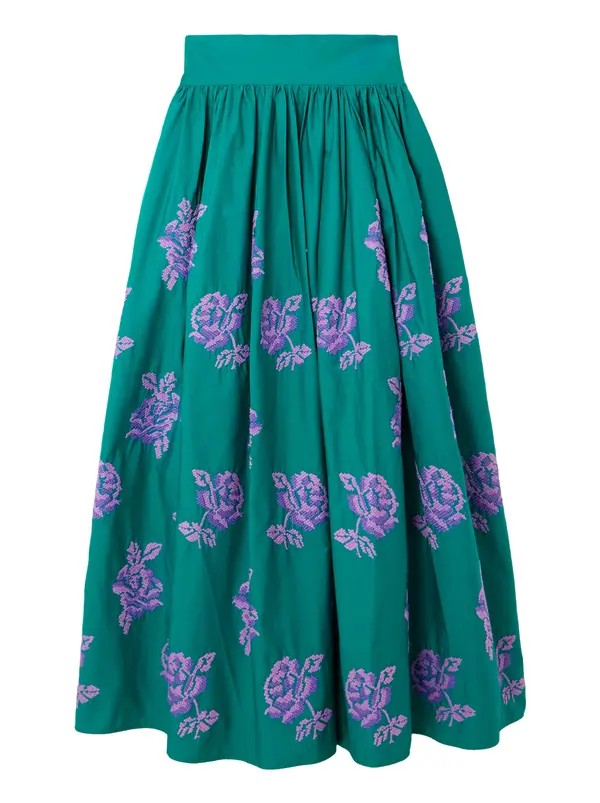 Loretta Caponi Vanessa Embroidered Cotton-poplin Maxi Skirt - Green