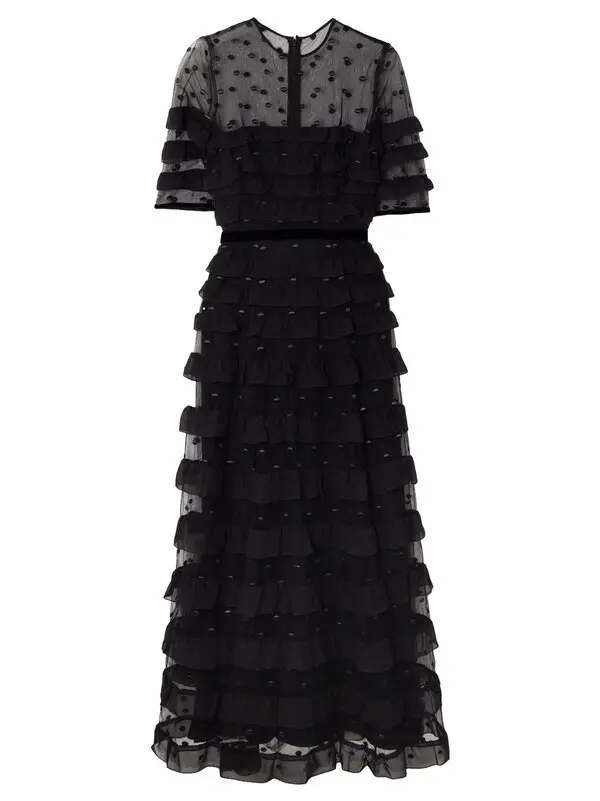 Costarellos Velvet-trimmed Point D'esprit And Ruffled Chiffon Midi Dress - Black