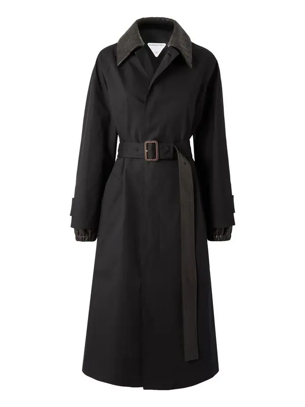 Bottega Veneta Belted Intrecciato Leather-trimmed Trench Coat - Black