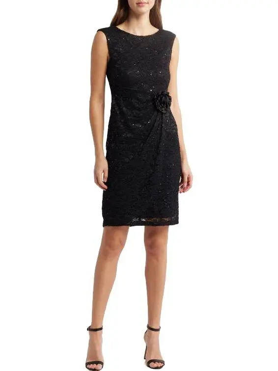 CONNECTED APPAREL Sequin Lace Sheath Cocktail Dress - Black