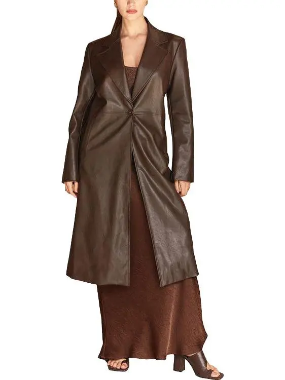 CRESCENT Longline Faux Leather Coat - Espresso