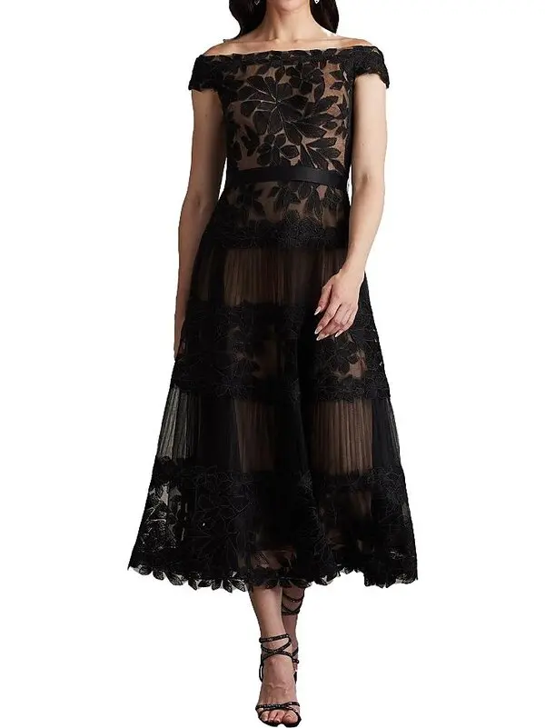 Tadashi Shoji Adriane Floral Embroidered Tea-length Dress - Black/ Nude