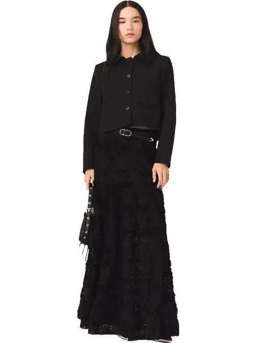 Maje Long Embroidered Tulle Skirt - Black