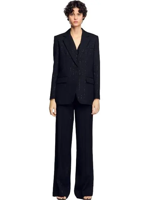 Sandro Sequinned Striped Suit Jacket - Black