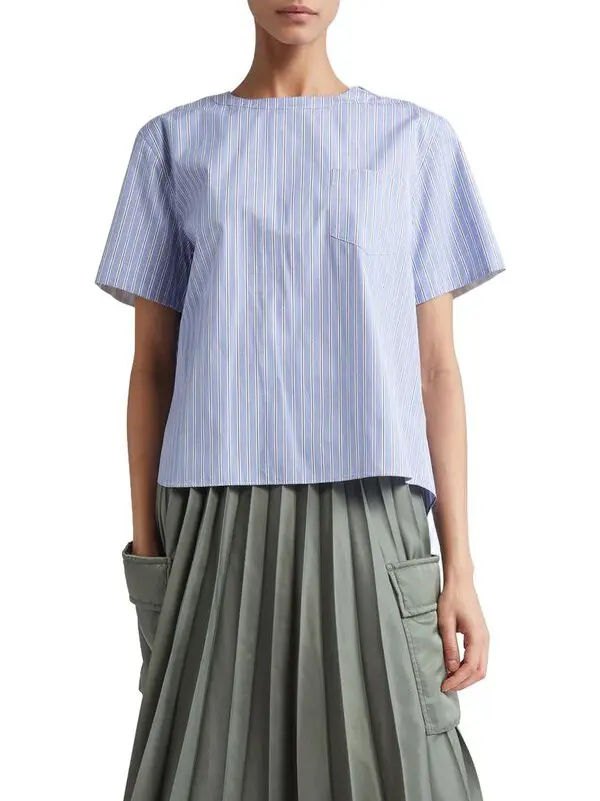 Sacai Mixed Media Poplin & Chiffon Top - Blue Stripe 458