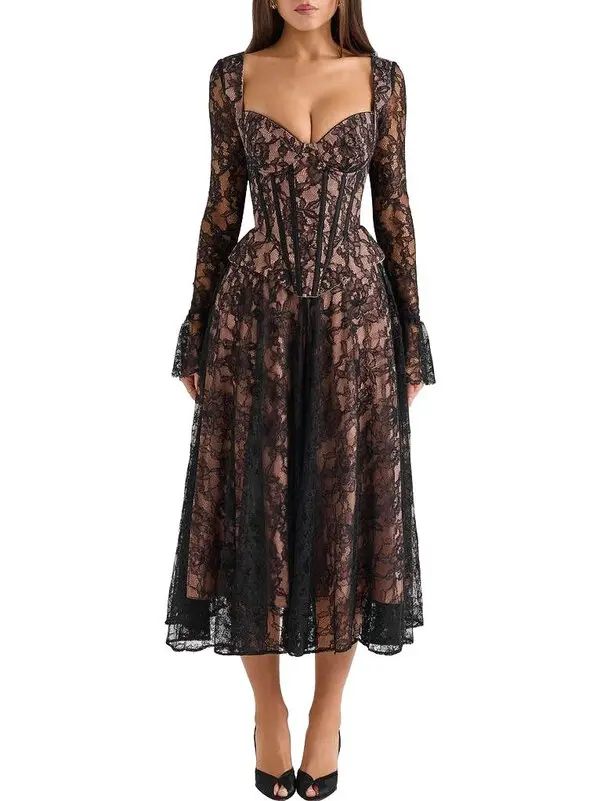 House Of Cb Raquel Long Sleeve Lace Corset Dress - Black