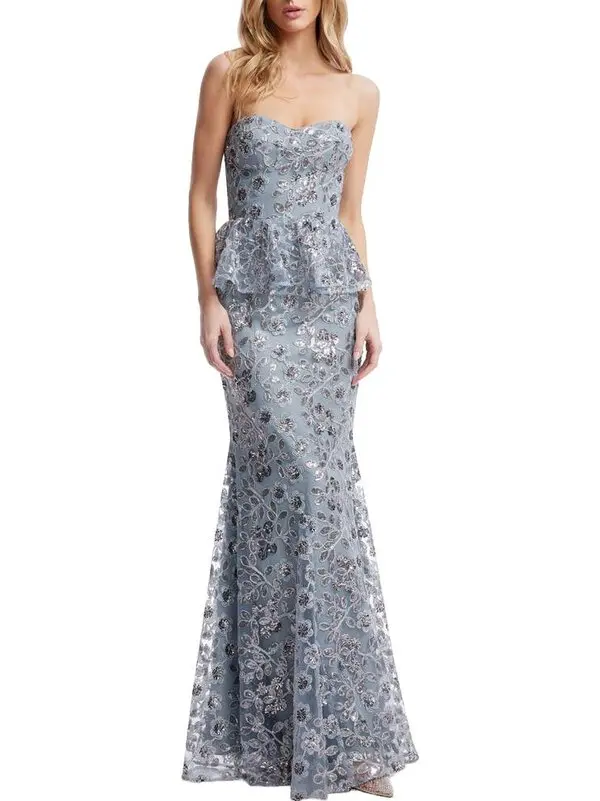 Dress The Population Scarlett Sequin Floral Gown - Graphite Blue Multi