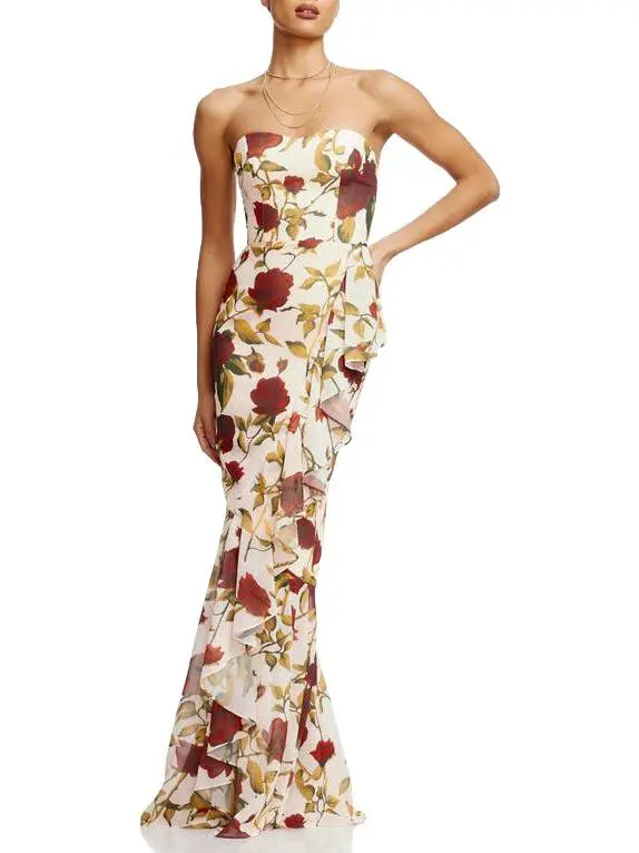 Dress The Population Paris Floral Ruffle Gown - Cream Multi
