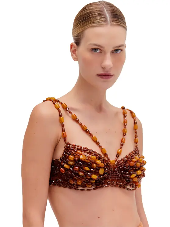 PatBO Dune Jersey Beaded Top - Brown / Neutral