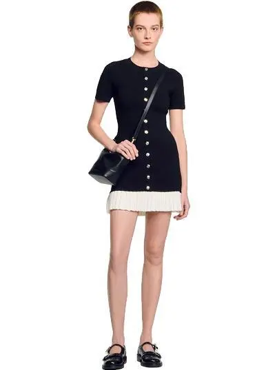 Sandro Knit Mini Dress With Ruffle - Black