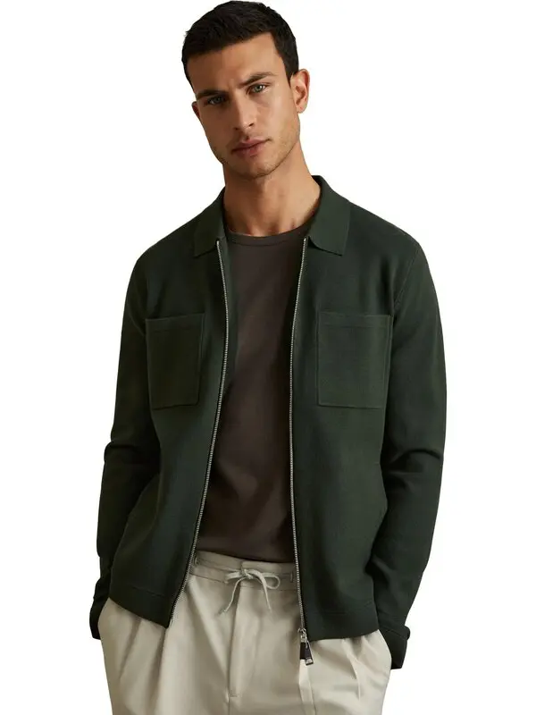 REISS Rivers Knitted Zip-through Jacket - Dark Green