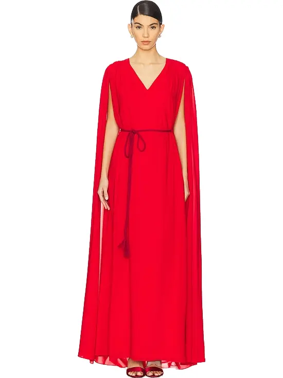 Alice + Olivia Zenaida Maxi Cape Gown - Bright Ruby