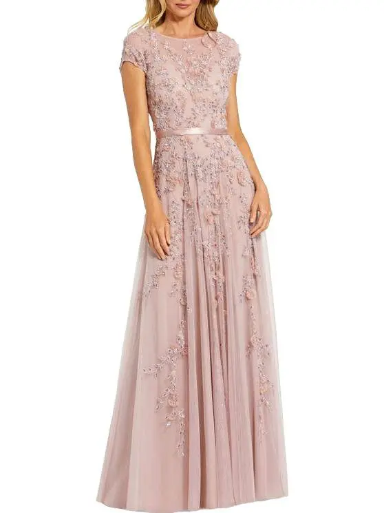 Mac Duggal Floral Embellished Short Sleeve Gown - Mocha
