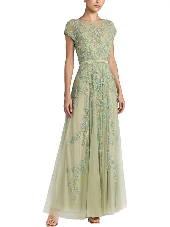 Mac Duggal Floral Embellished Short Sleeve Gown - Sage