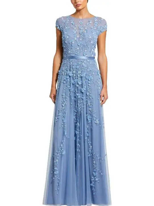 Mac Duggal Floral Embellished Short Sleeve Gown - Sky Blue