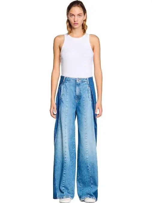 Sandro Wide Leg Jeans With Contrasting Panels - Blue Jean