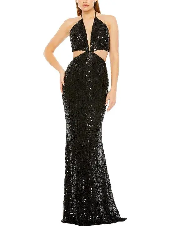 Mac Duggal Cut-out Halter Sequin Gown - Black
