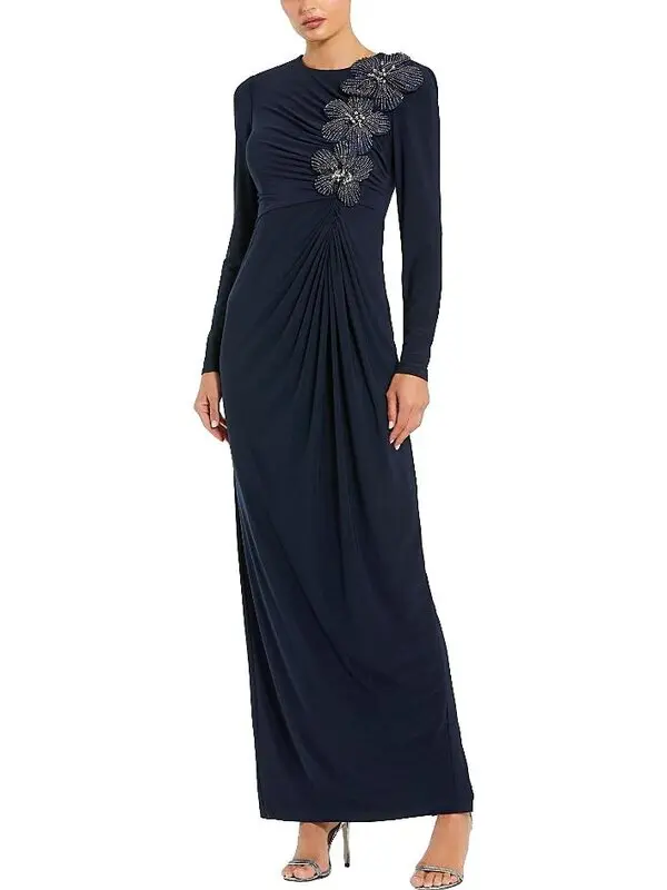 Mac Duggal Jersey Fitted Gown With 3d Floral Appliqu - Midnight