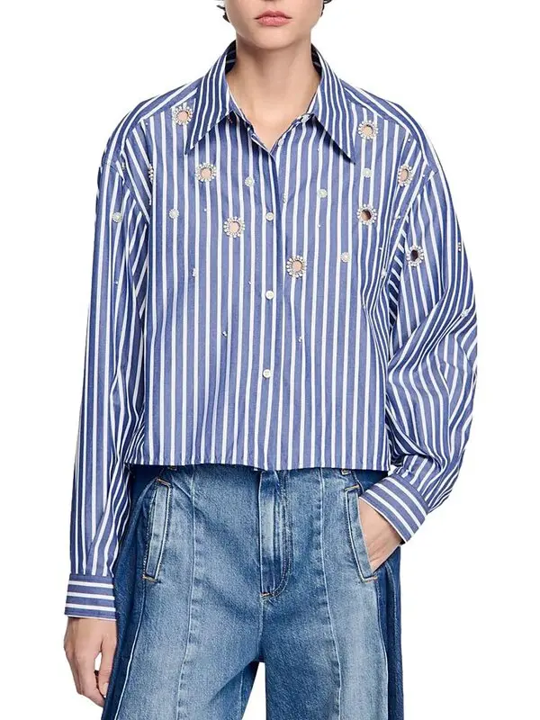Sandro Striped Beaded Shirt - Blue
