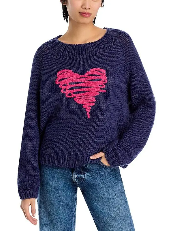 Elan Heart Crewneck Sweater - Navy/ Pink