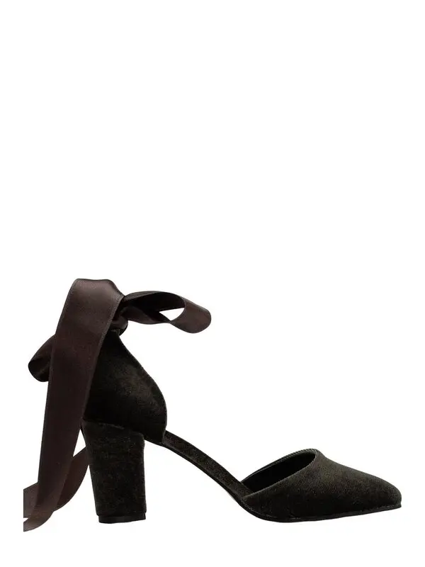 FOREVER & ALWAYS SHOES Gisele Ribbon Ankle Strap Block Heels - Olive Green Velvet