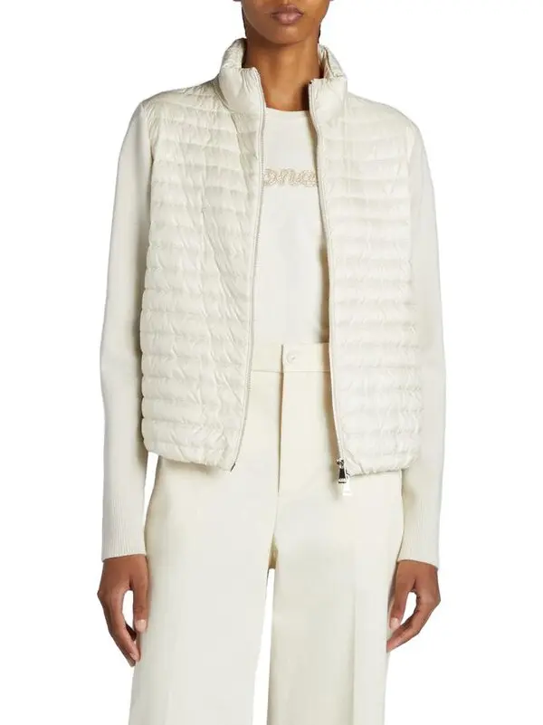 Moncler Quilted Down And Virgin Wool Knit Cardigan - Pearl White