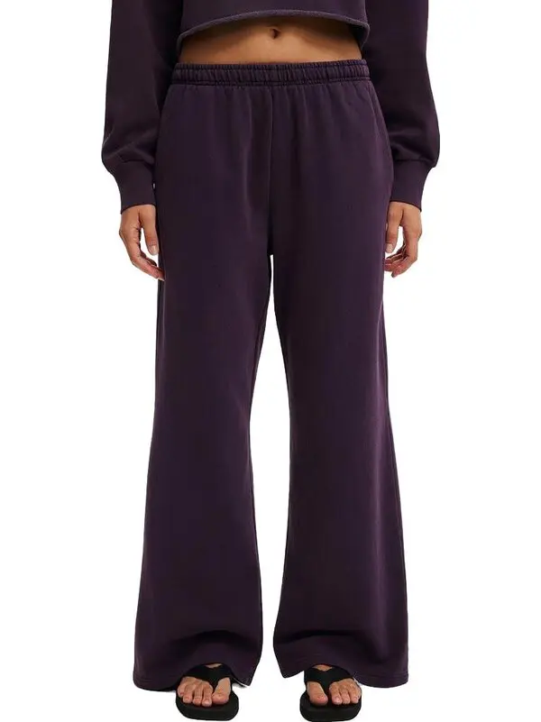 COTTON ON Wide Leg Fleece Track Pants - Washed Dark Mulberry
