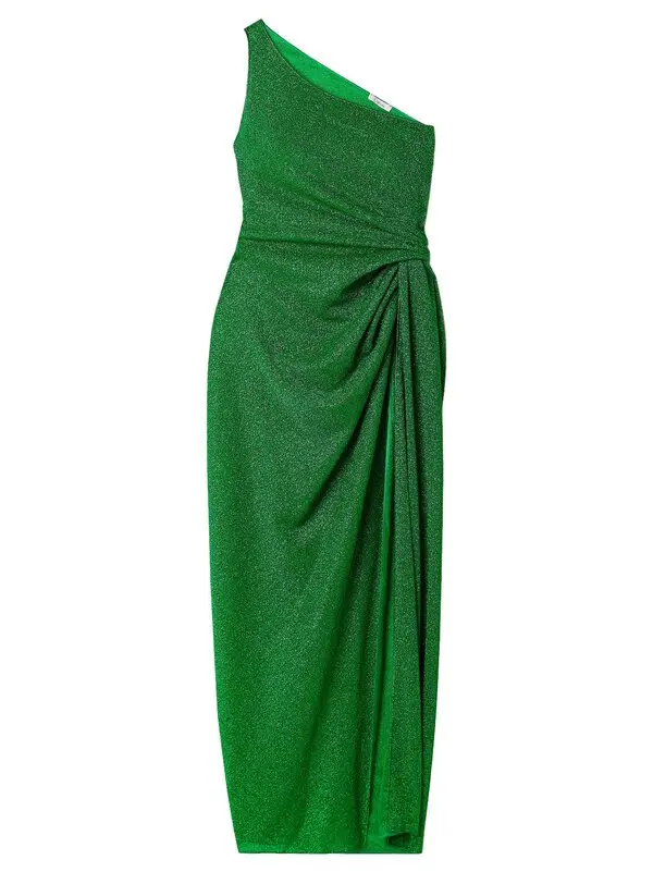Oseree Lumière One-shoulder Metallic Midi Dress - Green