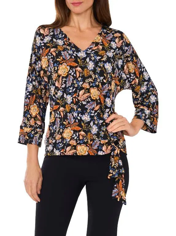 Chaus Floral Print Side Tie Top - Black/ Denim/ Rust