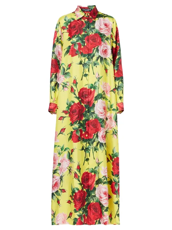 Dolce & Gabbana Floral Print Silk Shirt Dress - Yellow