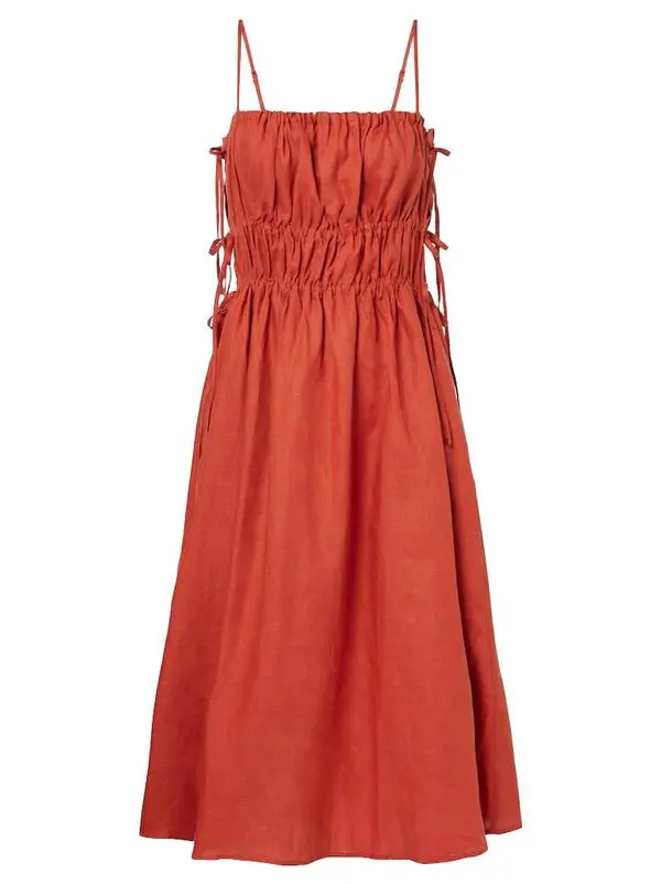 Asceno Eze Ruched Linen Midi Dress - Orange