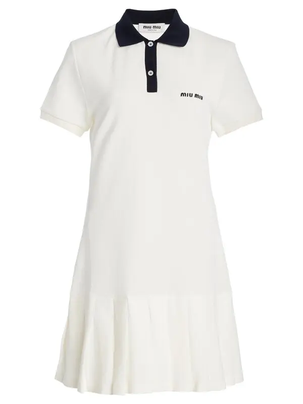 Miu Miu Pleated Cotton Polo Mini Dress - White