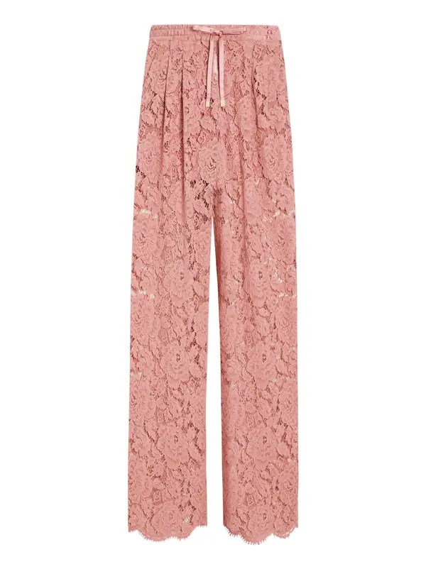 Dolce & Gabbana Flared Floral Cordonetto Lace Pants With Logo - Pink