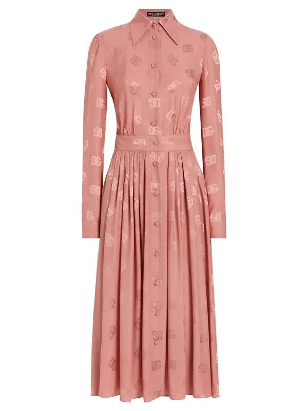 Dolce & Gabbana Silk Satin Jacquard Shirt Dress With Dg Logo - Pink