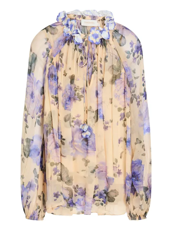 Zimmermann Embellished Floral-print Silk-crepon Blouse - Sand