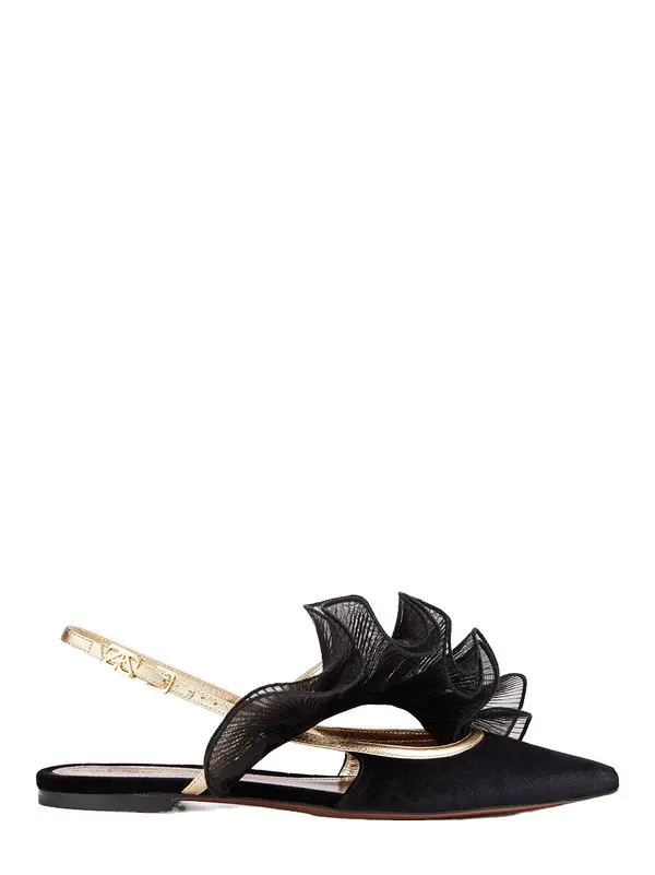 Zimmermann Ruffled Slingback Pointed Toe Flats - Black