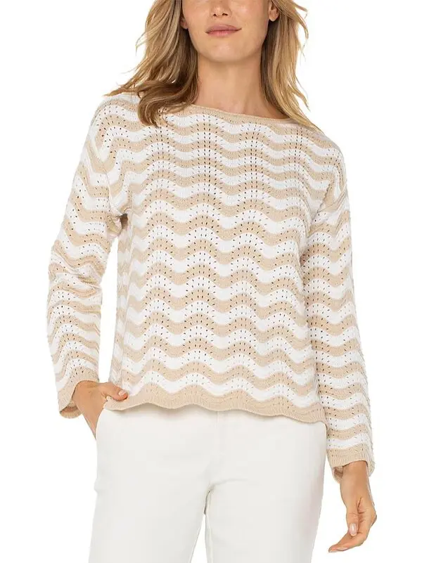 LIVERPOOL Boat Neck Long Sleeve Sweater - Tan Ivory Stripe