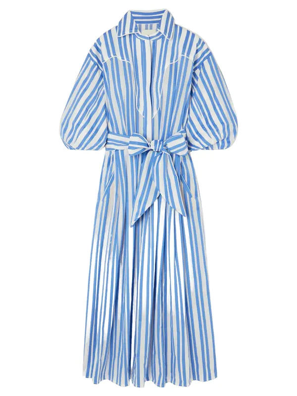 Johanna Ortiz Buena Mar Belted Striped Cotton-voile Midi Dress - Blue
