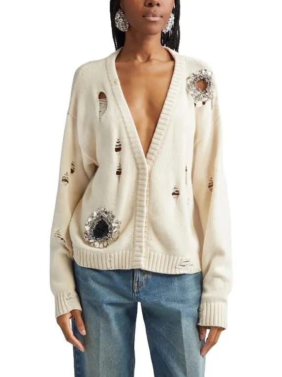 AREA Distressed Crystal Cardigan - Cream