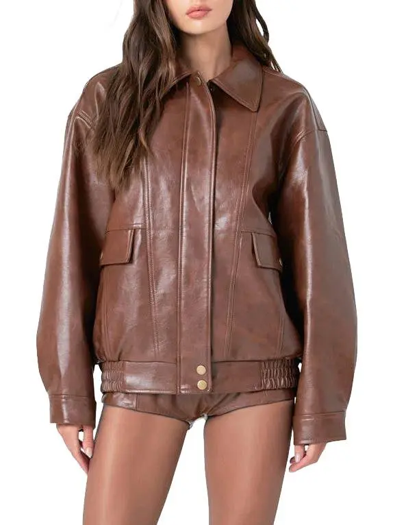GREY LAB Oversized Faux Leather Jacket - Brown