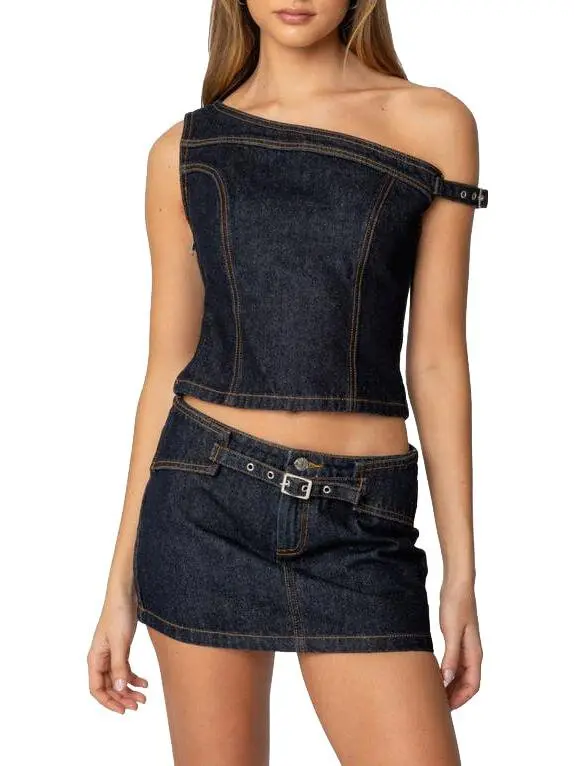 EDIKTED Keira Denim One-shoulder Top - Dark-blue