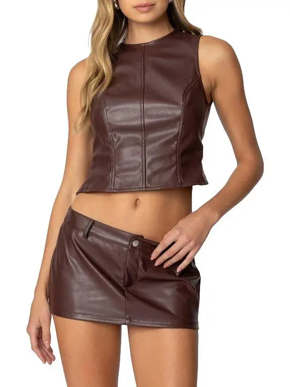 EDIKTED Frances Faux Leather Crop Top - Brown