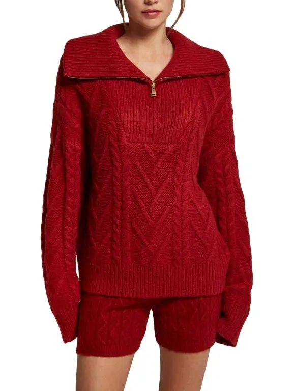 CRESCENT Front Zip Cable Knit Sweater - Ruby