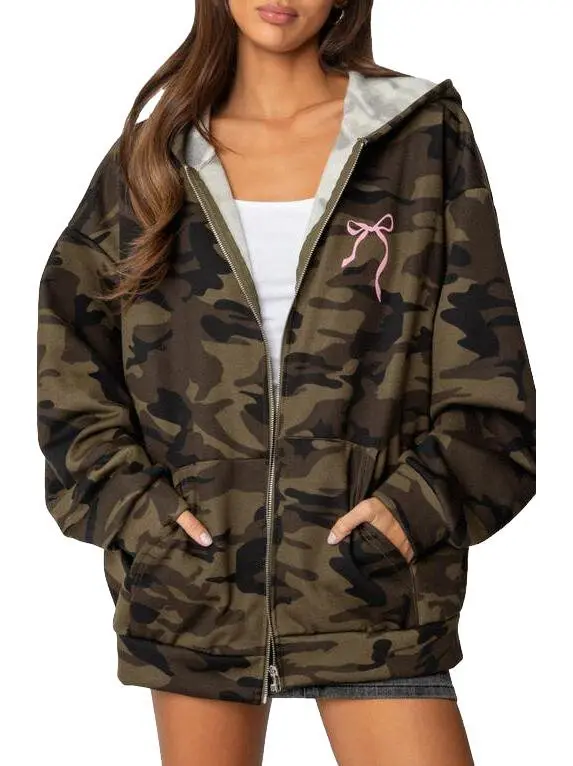 EDIKTED Camo Oversized Zip Hoodie With Bow Detail - Olive