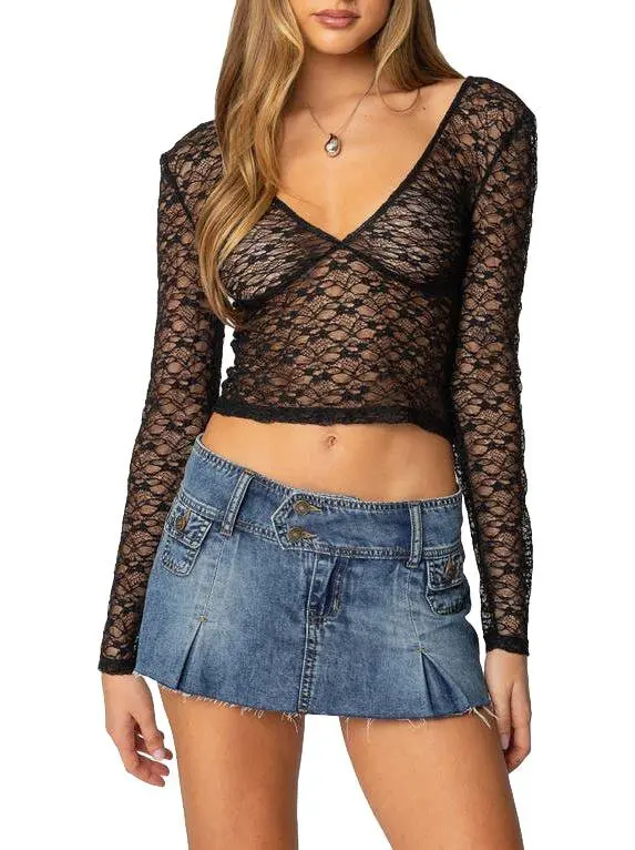 EDIKTED Long Sleeve Lace Crop Top - Black