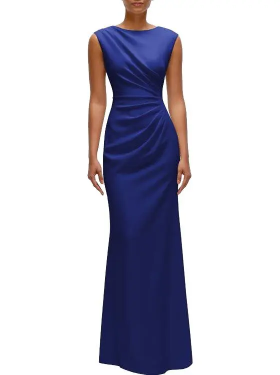 After Six Ruched Cap Sleeve Crepe Trumpet Gown - Cobalt Blue